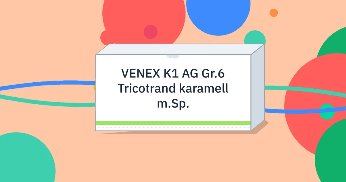 Symbolbild: Packung mit der Aufschrift VENEX K1 AG Gr.6 Tricotrand karamell m.Sp. (PZN 13762668) – Verfügbarkeit und Bezug in Apotheken in Frankfurt am Main