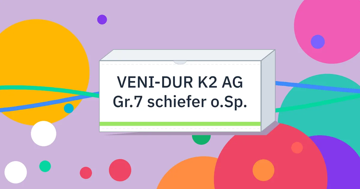 Symbolbild: Packung mit der Aufschrift VENI-DUR K2 AG Gr.7 schiefer o.Sp. (PZN 03246339) – Verfügbarkeit und Bezug in Apotheken in Frankfurt am Main