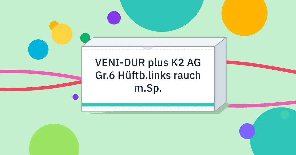 Symbolbild: Packung mit der Aufschrift VENI-DUR plus K2 AG Gr.6 Hüftb.links rauch m.Sp. (PZN 03255657) – Verfügbarkeit und Bezug in Apotheken in Frankfurt am Main