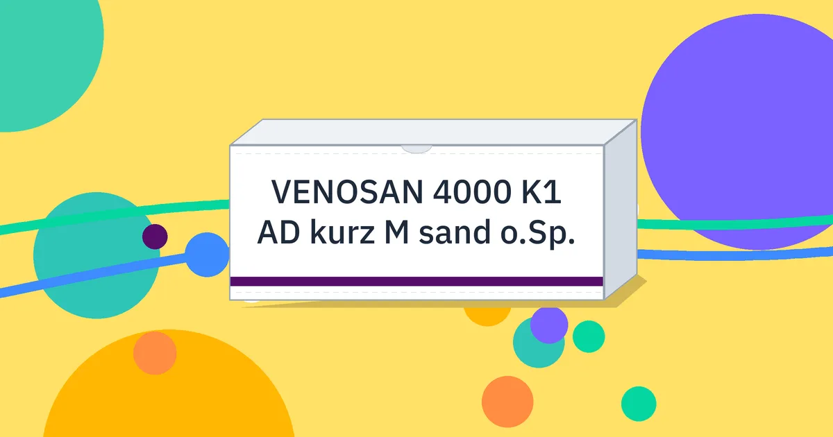 Symbolbild: Packung mit der Aufschrift VENOSAN 4000 K1 AD kurz M sand o.Sp. (PZN 14421828) – Verfügbarkeit und Bezug in Apotheken in Frankfurt am Main