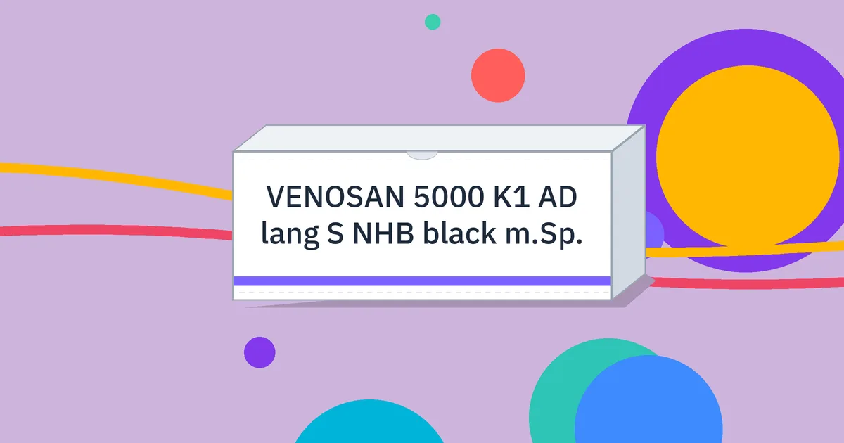 Symbolbild: Packung mit der Aufschrift VENOSAN 5000 K1 AD lang S NHB black m.Sp. (PZN 14432625) – Verfügbarkeit und Bezug in Apotheken in Frankfurt am Main