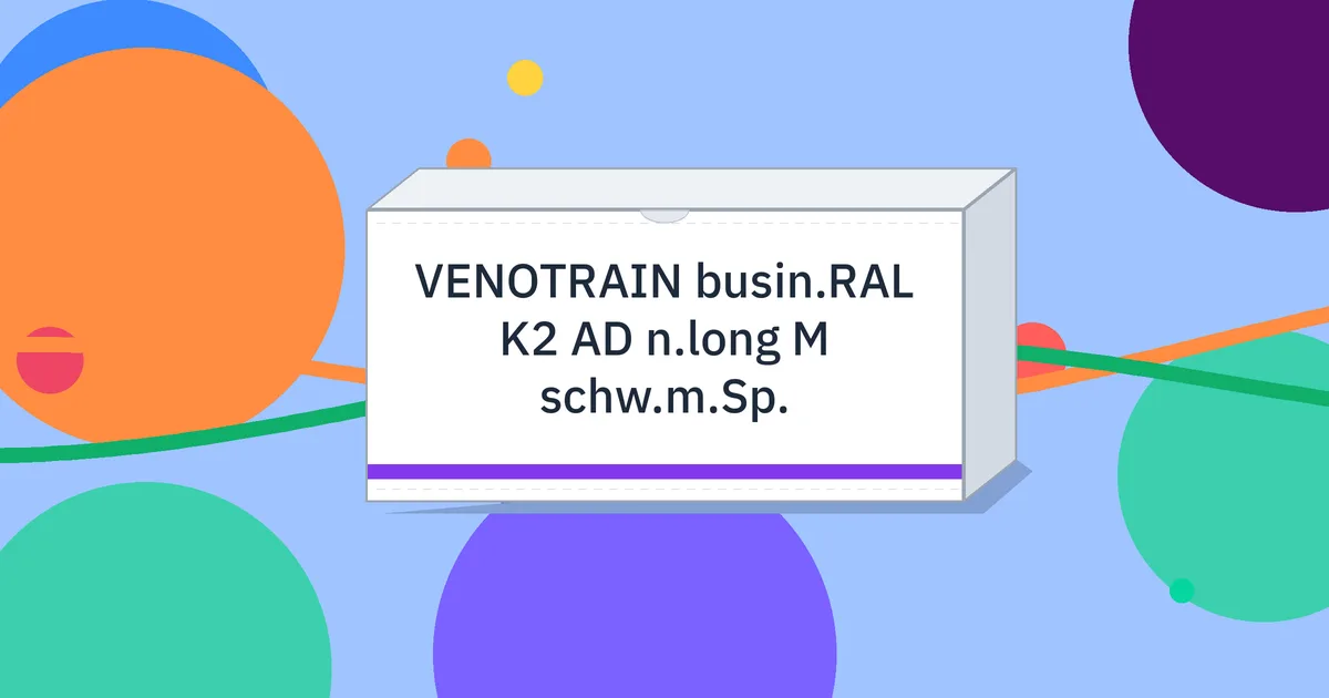 Symbolbild: Packung mit der Aufschrift VENOTRAIN busin.RAL K2 AD n.long M schw.m.Sp. (PZN 06949550) – Verfügbarkeit und Bezug in Apotheken in Frankfurt am Main