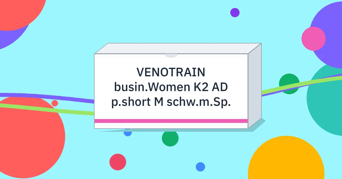 Symbolbild: Packung mit der Aufschrift VENOTRAIN busin.Women K2 AD p.short M schw.m.Sp. (PZN 10196346) – Verfügbarkeit und Bezug in Apotheken in Frankfurt am Main