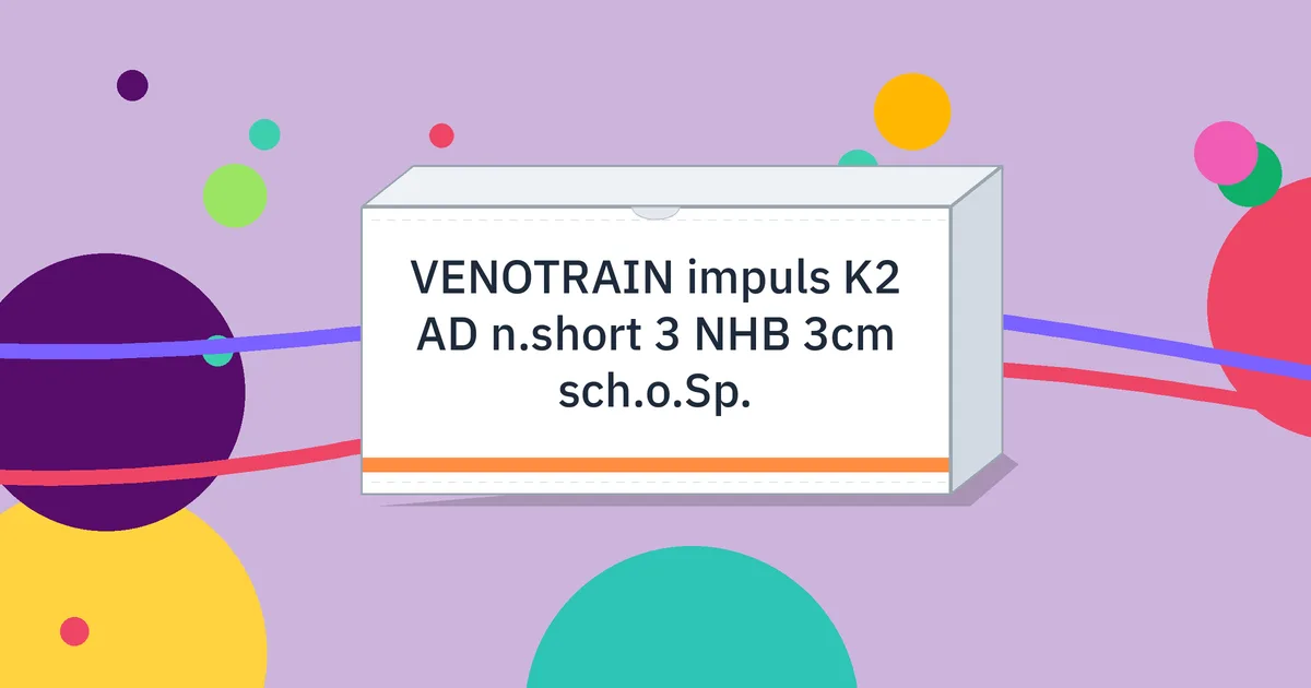 Symbolbild: Packung mit der Aufschrift VENOTRAIN impuls K2 AD n.short 3 NHB 3cm sch.o.Sp. (PZN 00652754) – Verfügbarkeit und Bezug in Apotheken in Frankfurt am Main