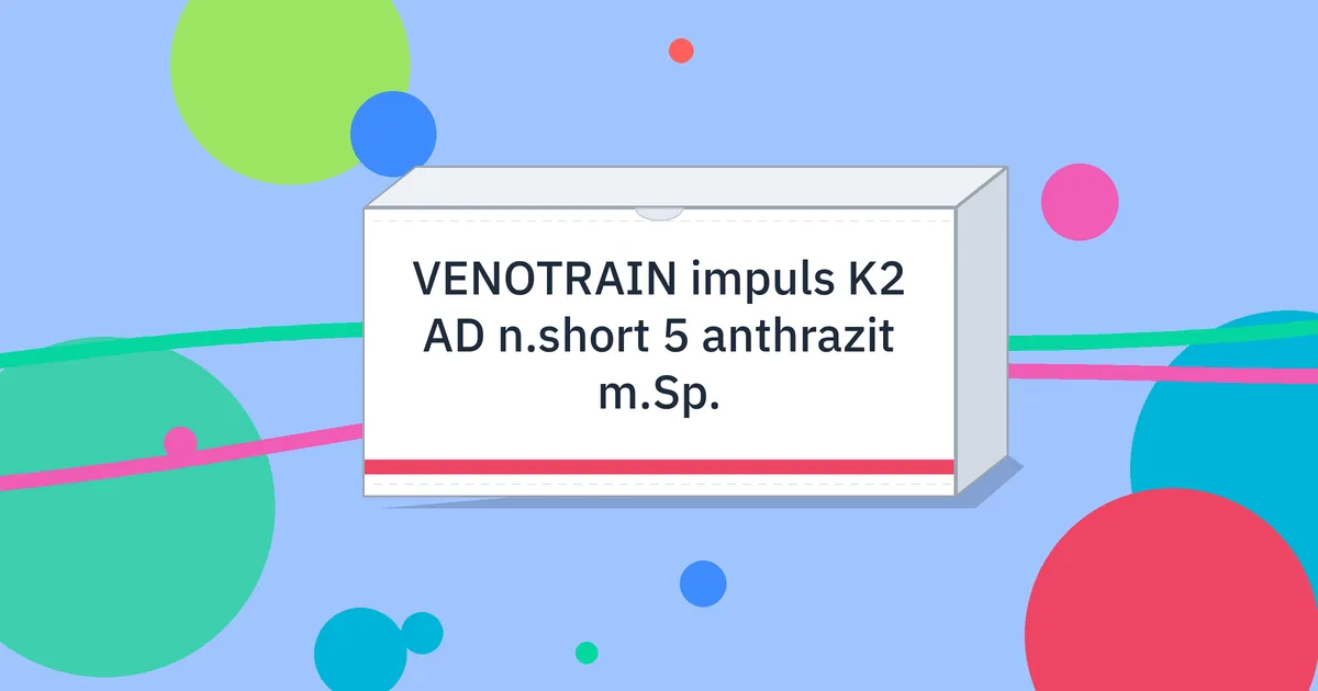 Symbolbild: Packung mit der Aufschrift VENOTRAIN impuls K2 AD n.short 5 anthrazit m.Sp. (PZN 15221669) – Verfügbarkeit und Bezug in Apotheken in Frankfurt am Main