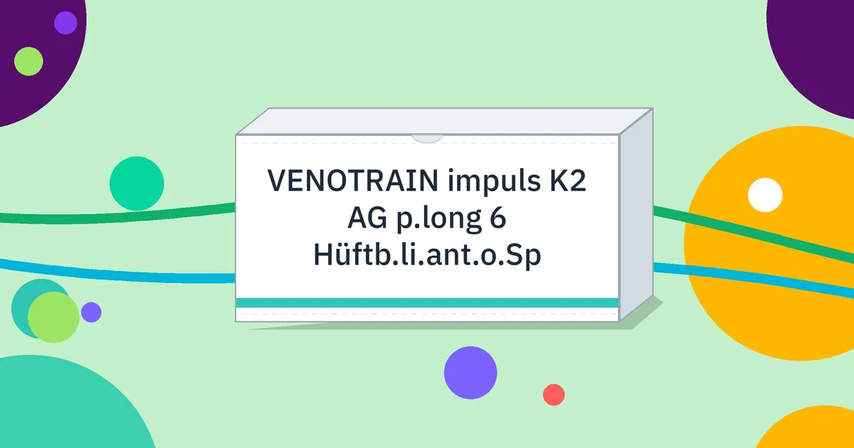 Symbolbild: Packung mit der Aufschrift VENOTRAIN impuls K2 AG p.long 6 Hüftb.li.ant.o.Sp (PZN 15219891) – Verfügbarkeit und Bezug in Apotheken in Frankfurt am Main