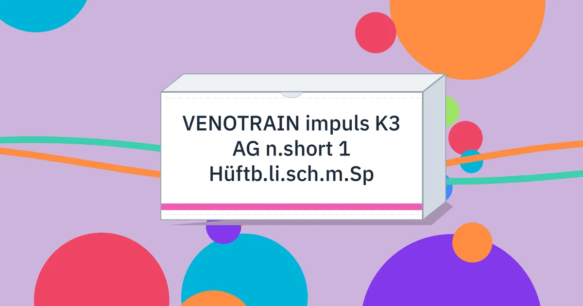 Symbolbild: Packung mit der Aufschrift VENOTRAIN impuls K3 AG n.short 1 Hüftb.li.sch.m.Sp (PZN 10295551) – Verfügbarkeit und Bezug in Apotheken in Frankfurt am Main