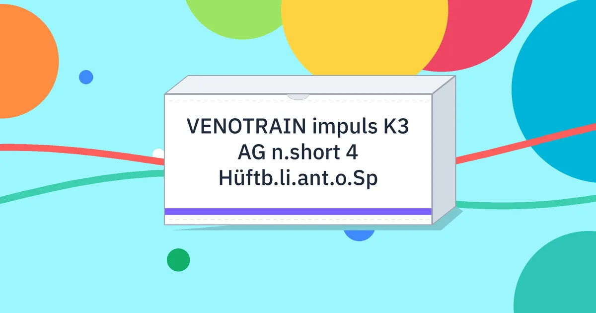 Symbolbild: Packung mit der Aufschrift VENOTRAIN impuls K3 AG n.short 4 Hüftb.li.ant.o.Sp (PZN 15220799) – Verfügbarkeit und Bezug in Apotheken in Frankfurt am Main