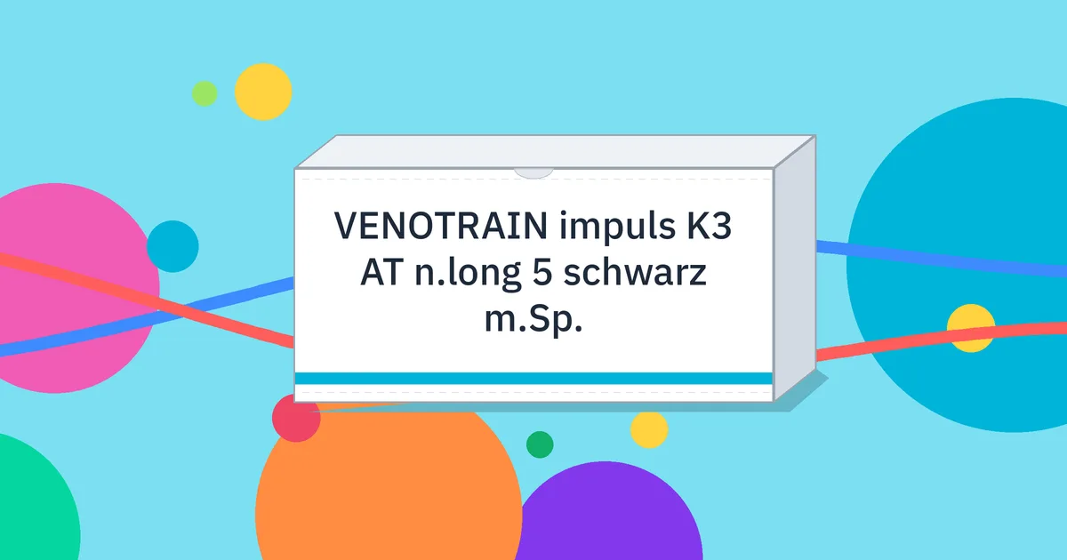 Symbolbild: Packung mit der Aufschrift VENOTRAIN impuls K3 AT n.long 5 schwarz m.Sp. (PZN 19356219) – Verfügbarkeit und Bezug in Apotheken in Frankfurt am Main