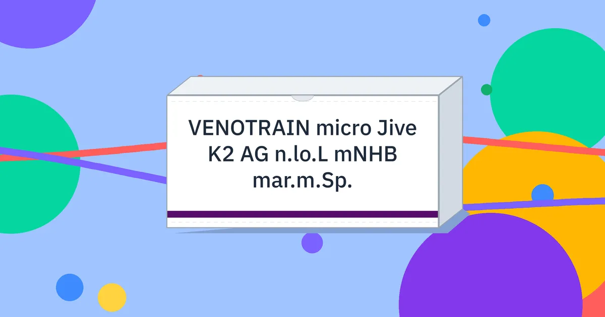 Symbolbild: Packung mit der Aufschrift VENOTRAIN micro Jive K2 AG n.lo.L mNHB mar.m.Sp. (PZN 17762010) – Verfügbarkeit und Bezug in Apotheken in Frankfurt am Main