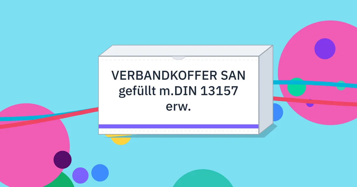Symbolbild: Packung mit der Aufschrift VERBANDKOFFER SAN gefüllt m.DIN 13157 erw. (PZN 00783522) – Verfügbarkeit und Bezug in Apotheken in Frankfurt am Main