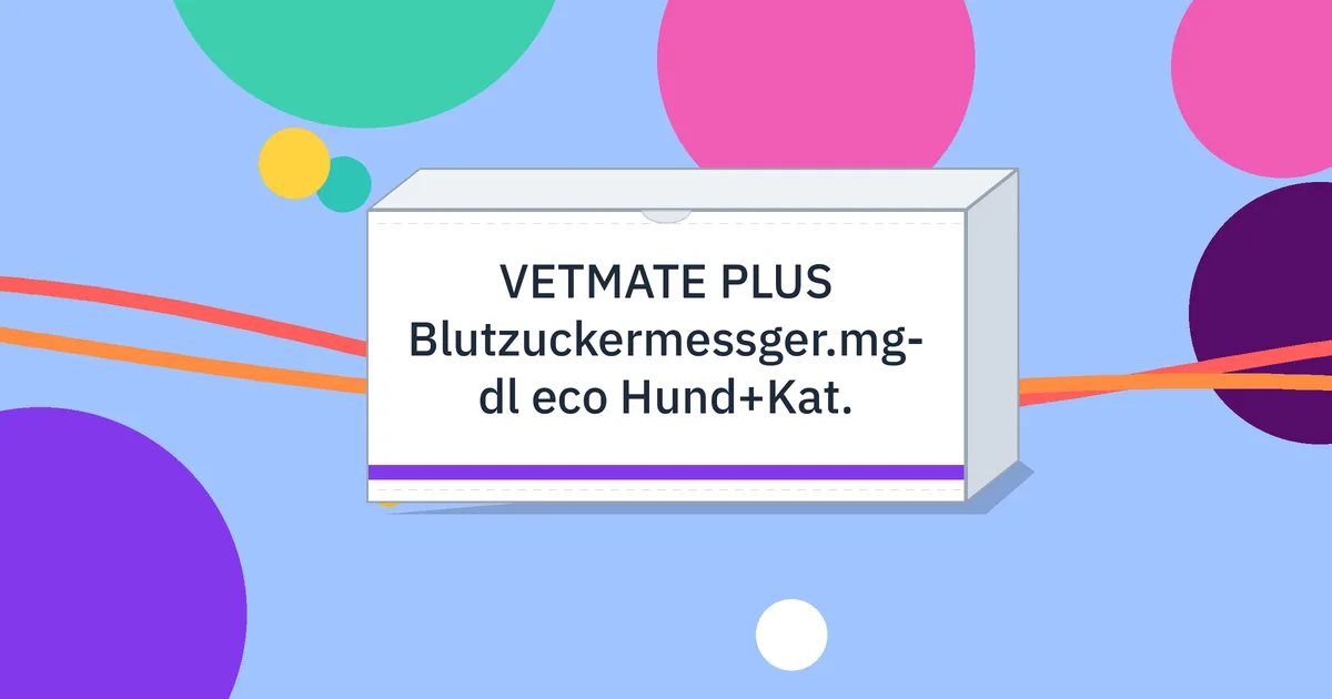 Symbolbild: Packung mit der Aufschrift VETMATE PLUS Blutzuckermessger.mg-dl eco Hund+Kat. (PZN 13971596) – Verfügbarkeit und Bezug in Apotheken in Frankfurt am Main