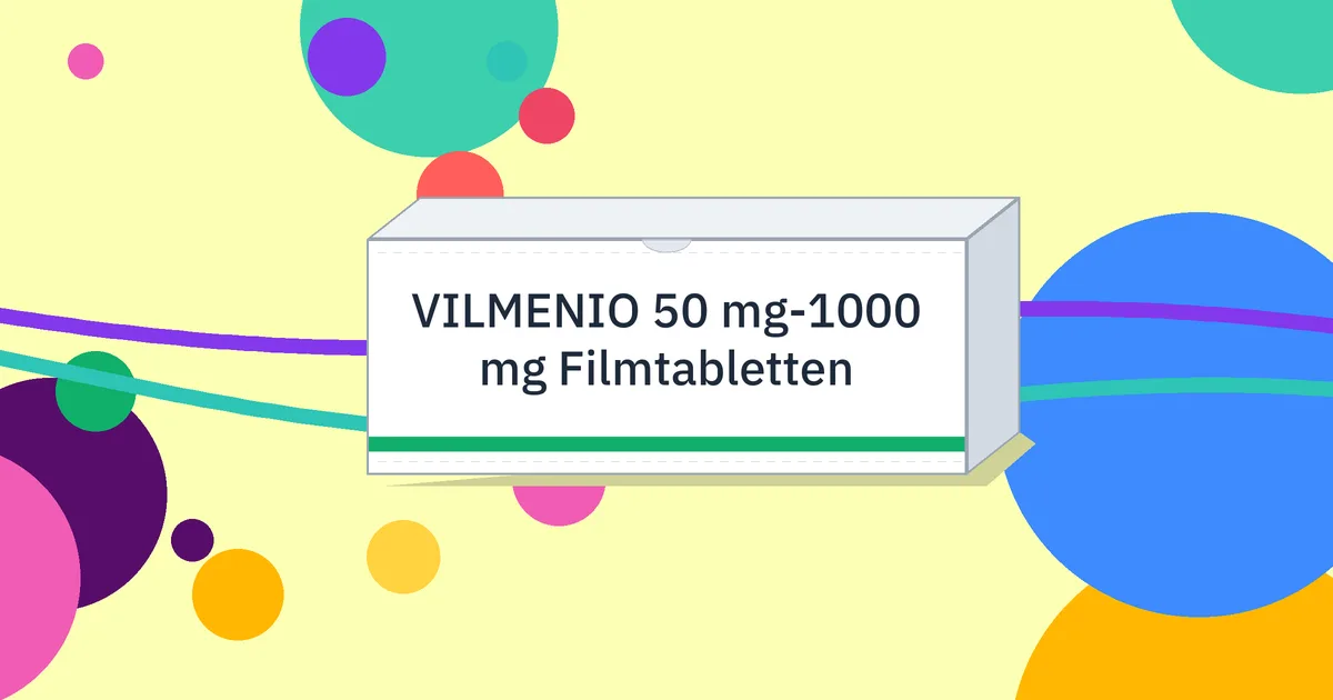 Symbolbild: Packung mit der Aufschrift VILMENIO 50 mg-1000 mg Filmtabletten (PZN 20120798) – Verfügbarkeit und Bezug in Apotheken in Frankfurt am Main