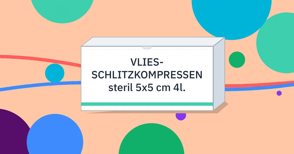 Symbolbild: Packung mit der Aufschrift VLIES-SCHLITZKOMPRESSEN steril 5x5 cm 4l. (PZN 12500280) – Verfügbarkeit und Bezug in Apotheken in Frankfurt am Main