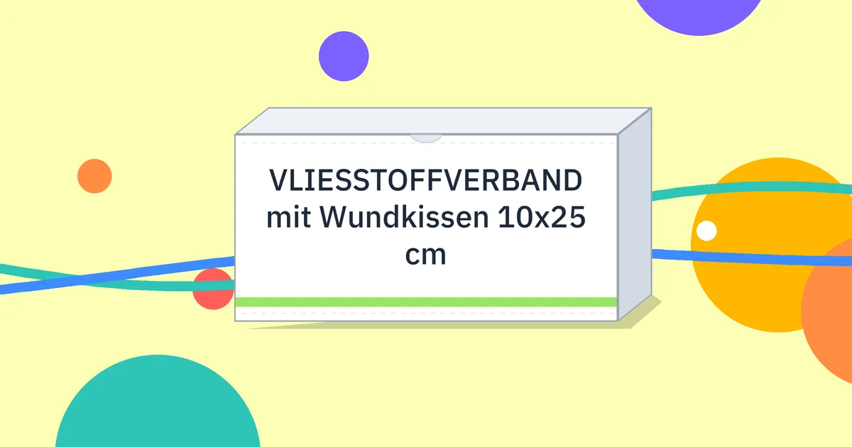 Symbolbild: Packung mit der Aufschrift VLIESSTOFFVERBAND mit Wundkissen 10x25 cm (PZN 18260078) – Verfügbarkeit und Bezug in Apotheken in Frankfurt am Main