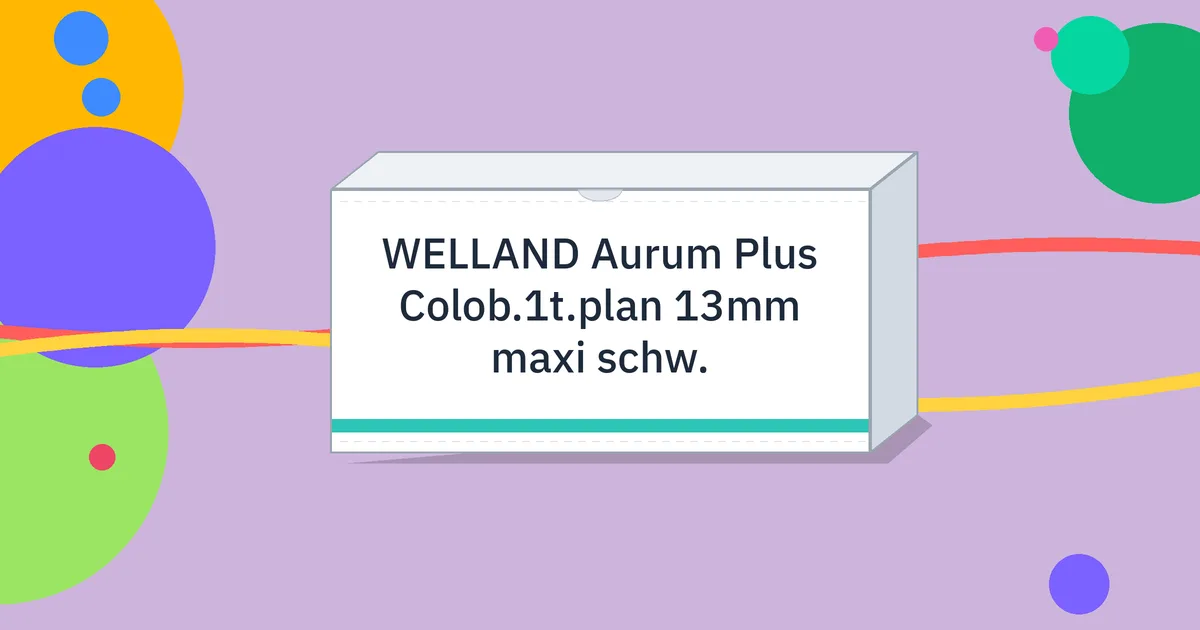 Symbolbild: Packung mit der Aufschrift WELLAND Aurum Plus Colob.1t.plan 13mm maxi schw. (PZN 17826425) – Verfügbarkeit und Bezug in Apotheken in Frankfurt am Main