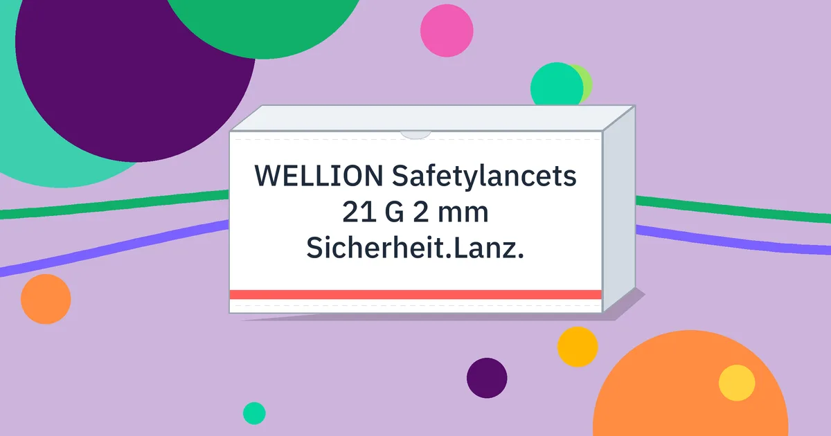 Symbolbild: Packung mit der Aufschrift WELLION Safetylancets 21 G 2 mm Sicherheit.Lanz. (PZN 20740526) – Verfügbarkeit und Bezug in Apotheken in Frankfurt am Main