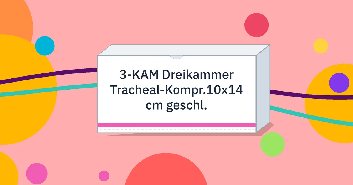 Symbolbild: Packung mit der Aufschrift 3-KAM Dreikammer Tracheal-Kompr.10x14 cm geschl. (PZN 08729835) – Verfügbarkeit und Bezug in Apotheken in Frankfurt am Main