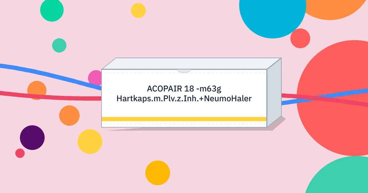 Symbolbild: Packung mit der Aufschrift ACOPAIR 18 -m63g Hartkaps.m.Plv.z.Inh.+NeumoHaler (PZN 14211290) – Verfügbarkeit und Bezug in Apotheken in Frankfurt am Main