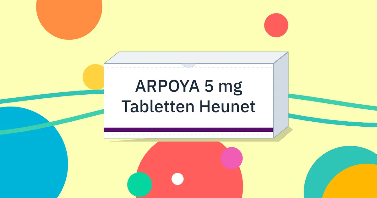 Symbolbild: Packung mit der Aufschrift ARPOYA 5 mg Tabletten Heunet (PZN 13876840) – Verfügbarkeit und Bezug in Apotheken in Frankfurt am Main