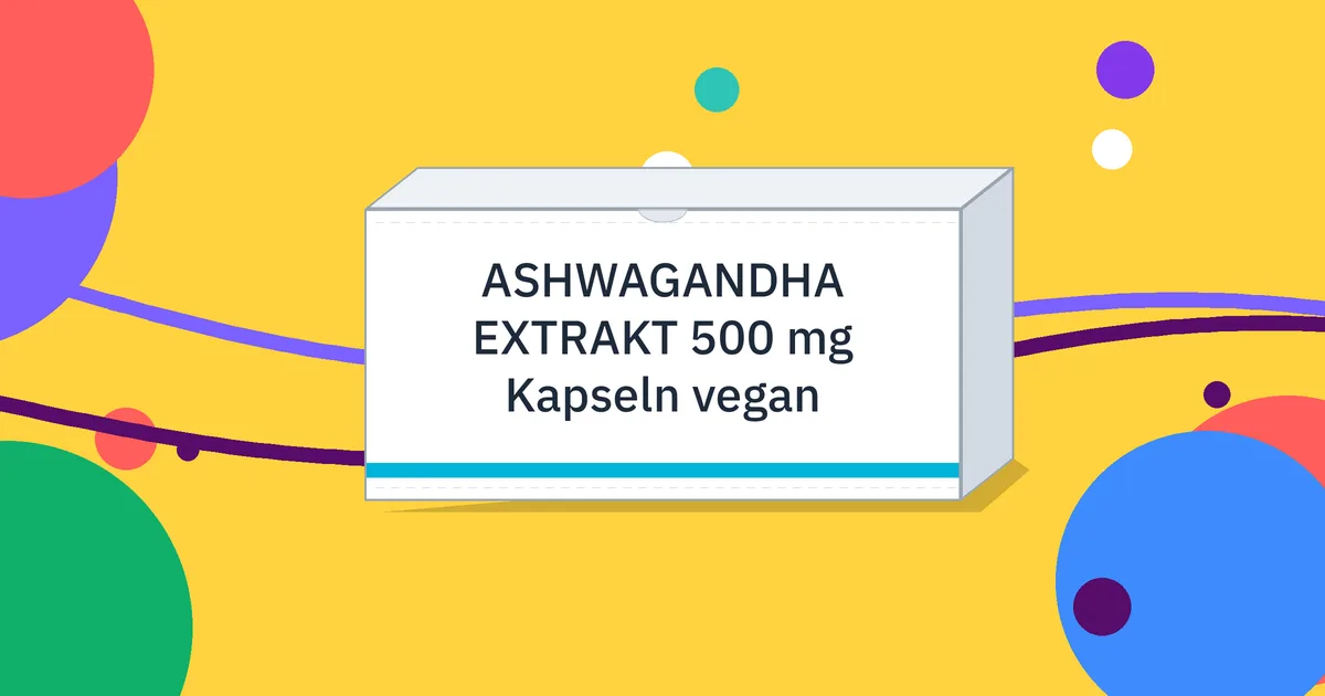 Symbolbild: Packung mit der Aufschrift ASHWAGANDHA EXTRAKT 500 mg Kapseln vegan (PZN 19228042) – Verfügbarkeit und Bezug in Apotheken in Frankfurt am Main