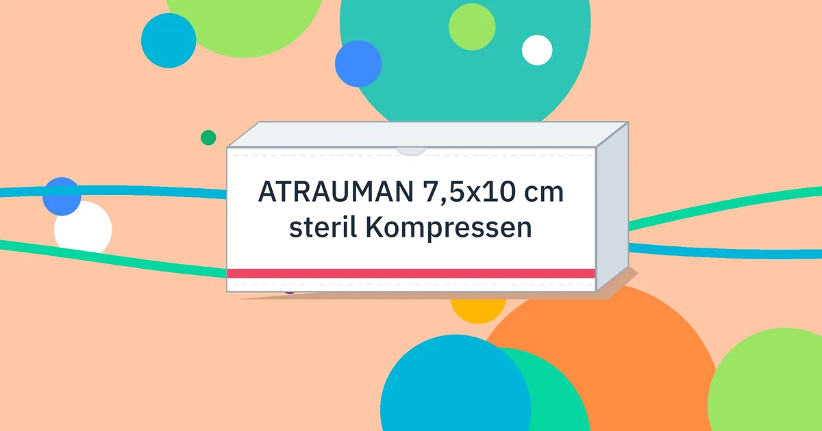 Symbolbild: Packung mit der Aufschrift ATRAUMAN 7,5x10 cm steril Kompressen (PZN 18336717) – Verfügbarkeit und Bezug in Apotheken in Frankfurt am Main