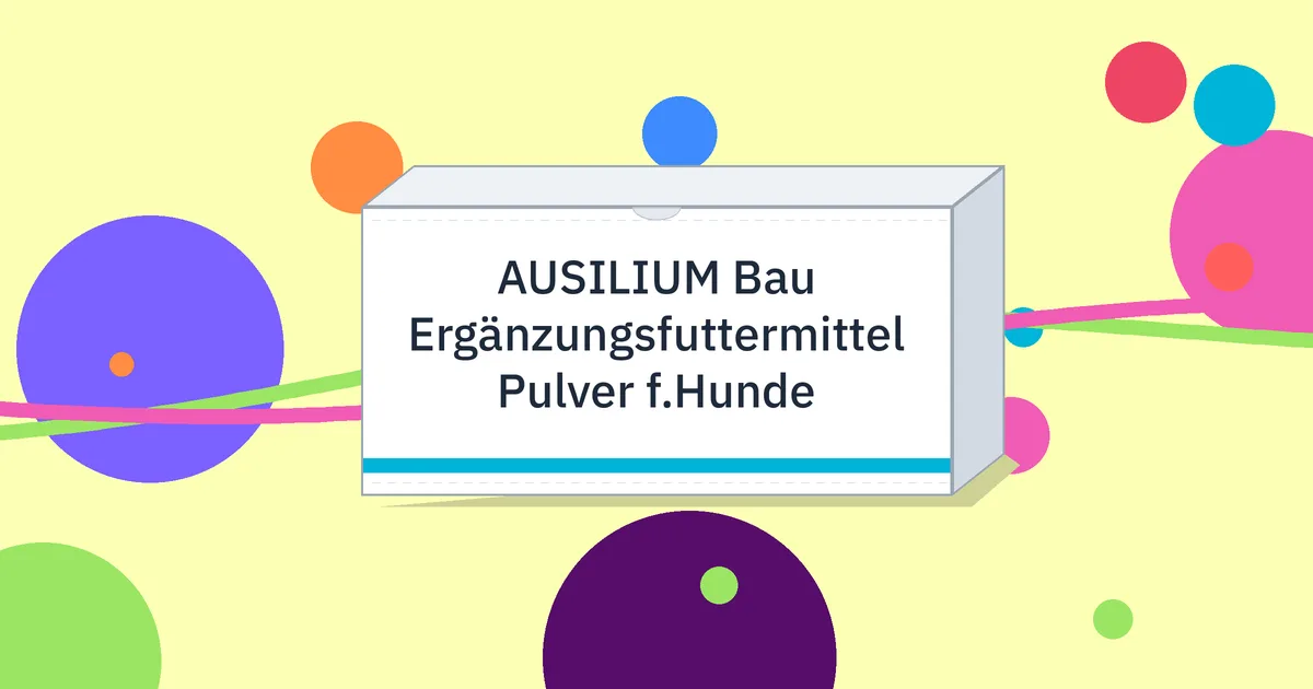 Symbolbild: Packung mit der Aufschrift AUSILIUM Bau Ergänzungsfuttermittel Pulver f.Hunde (PZN 19454790) – Verfügbarkeit und Bezug in Apotheken in Frankfurt am Main