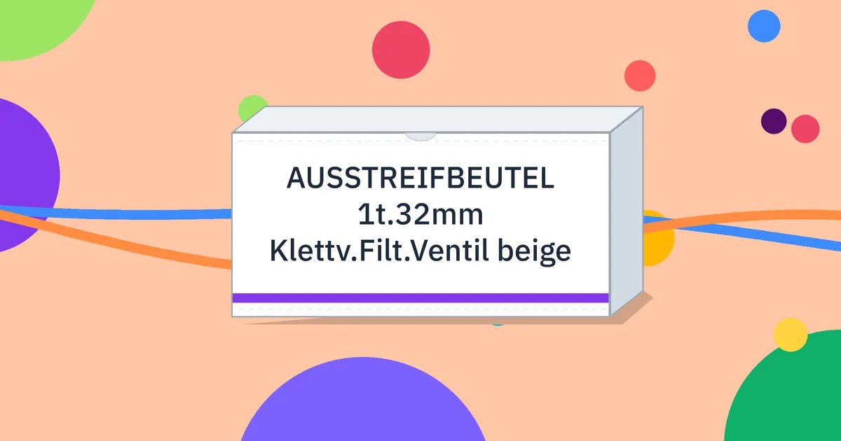 Symbolbild: Packung mit der Aufschrift AUSSTREIFBEUTEL 1t.32mm Klettv.Filt.Ventil beige (PZN 10204809) – Verfügbarkeit und Bezug in Apotheken in Frankfurt am Main