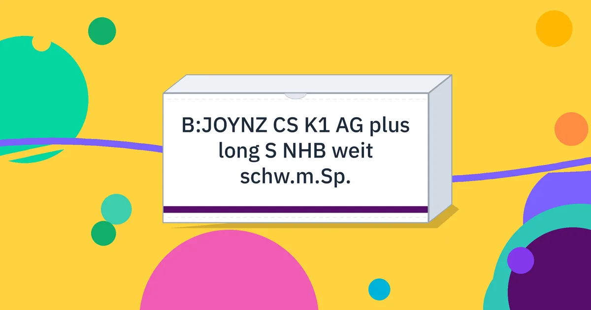 Symbolbild: Packung mit der Aufschrift B:JOYNZ CS K1 AG plus long S NHB weit schw.m.Sp. (PZN 20532472) – Verfügbarkeit und Bezug in Apotheken in Frankfurt am Main