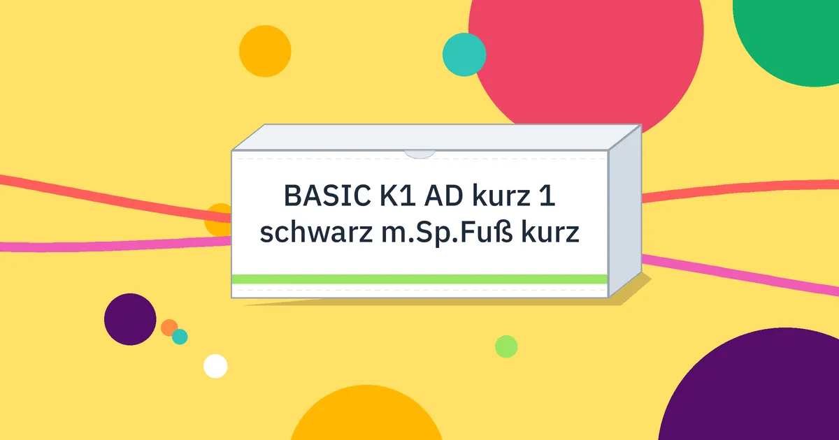 Symbolbild: Packung mit der Aufschrift BASIC K1 AD kurz 1 schwarz m.Sp.Fuß kurz (PZN 20256865) – Verfügbarkeit und Bezug in Apotheken in Frankfurt am Main