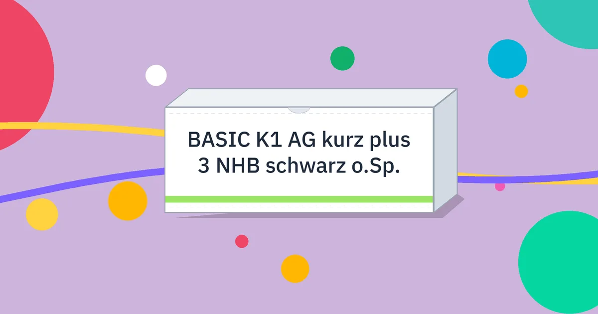Symbolbild: Packung mit der Aufschrift BASIC K1 AG kurz plus 3 NHB schwarz o.Sp. (PZN 20260418) – Verfügbarkeit und Bezug in Apotheken in Frankfurt am Main