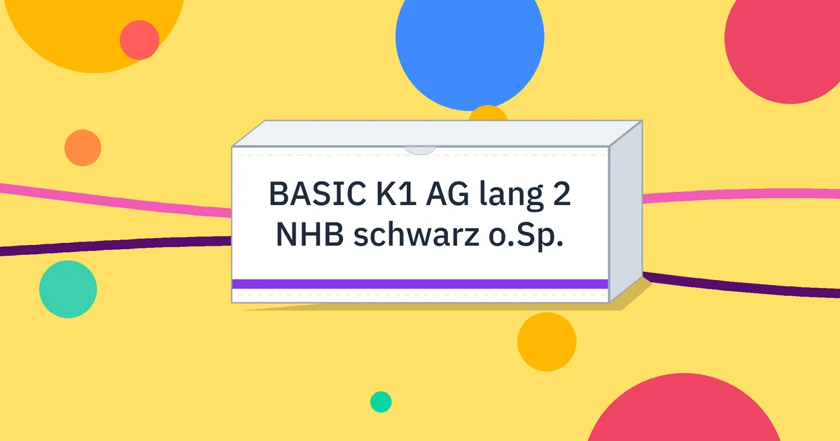 Symbolbild: Packung mit der Aufschrift BASIC K1 AG lang 2 NHB schwarz o.Sp. (PZN 20259906) – Verfügbarkeit und Bezug in Apotheken in Frankfurt am Main