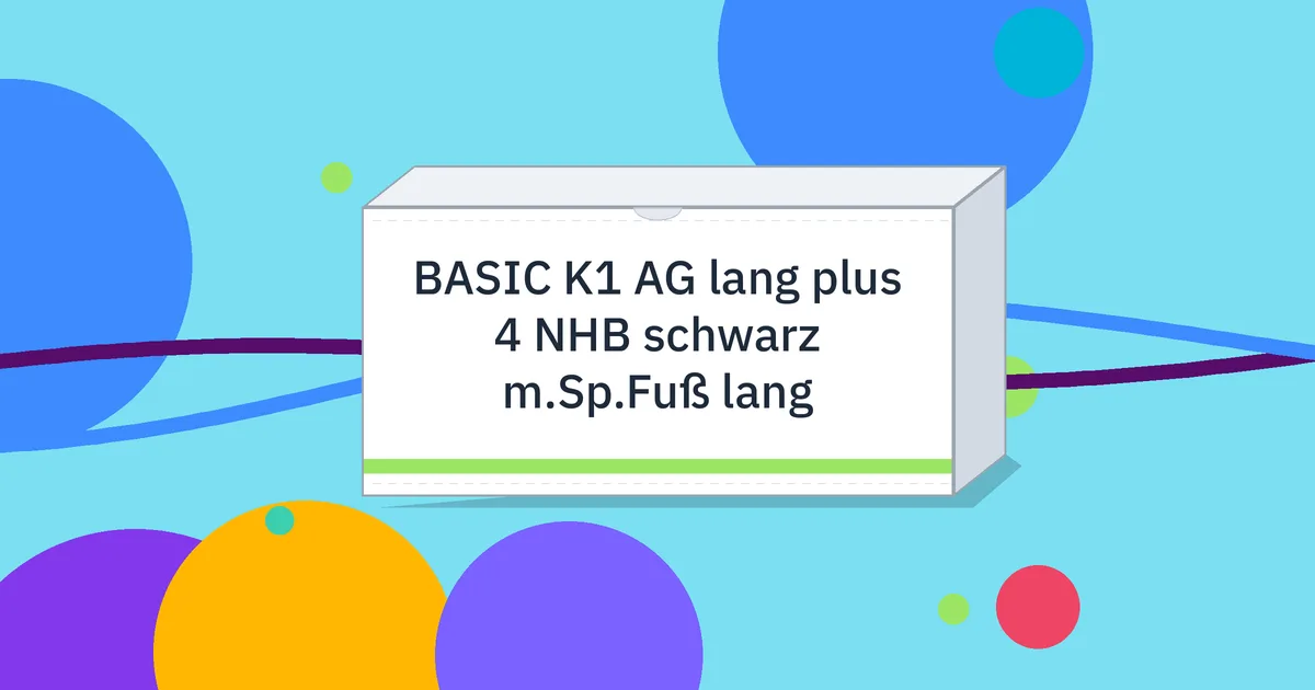 Symbolbild: Packung mit der Aufschrift BASIC K1 AG lang plus 4 NHB schwarz m.Sp.Fuß lang (PZN 20260849) – Verfügbarkeit und Bezug in Apotheken in Frankfurt am Main