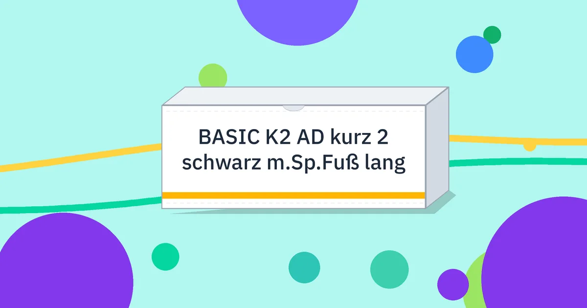 Symbolbild: Packung mit der Aufschrift BASIC K2 AD kurz 2 schwarz m.Sp.Fuß lang (PZN 20263888) – Verfügbarkeit und Bezug in Apotheken in Frankfurt am Main