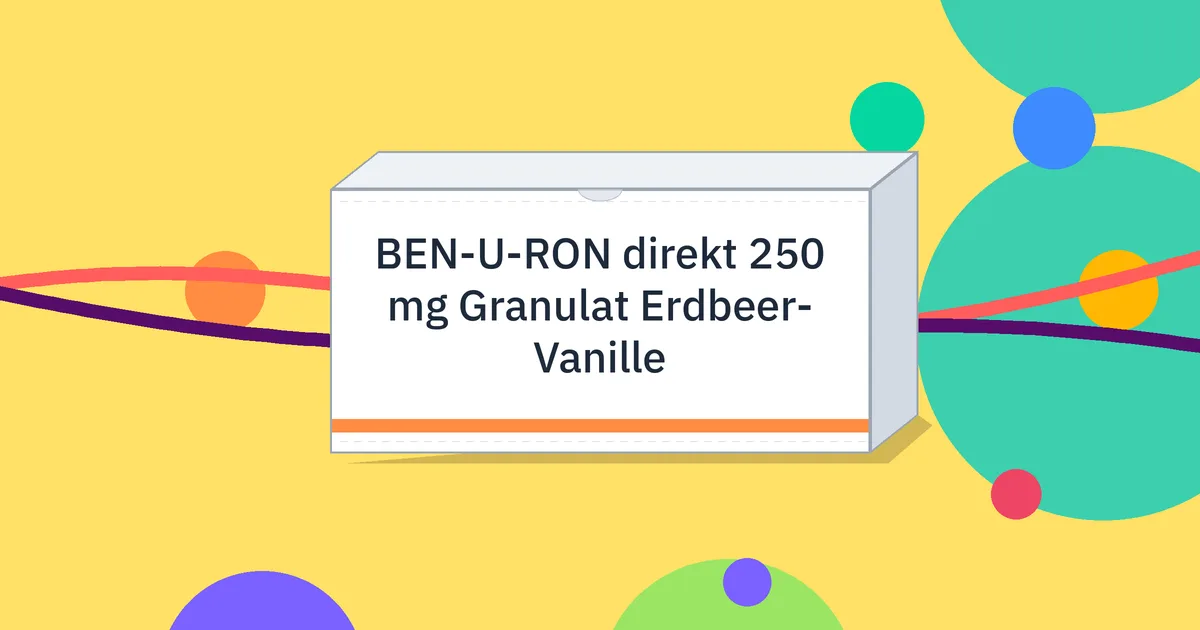 Symbolbild: Packung mit der Aufschrift BEN-U-RON direkt 250 mg Granulat Erdbeer-Vanille (PZN 07728360) – Verfügbarkeit und Bezug in Apotheken in Frankfurt am Main