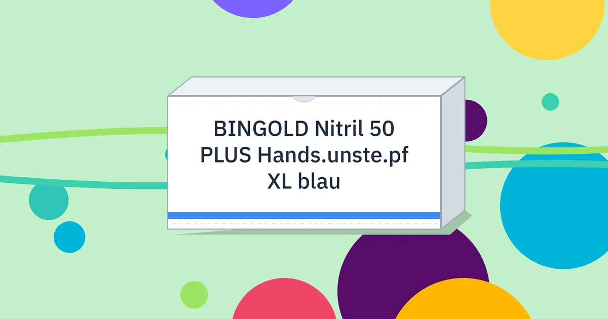 Symbolbild: Packung mit der Aufschrift BINGOLD Nitril 50 PLUS Hands.unste.pf XL blau (PZN 12569188) – Verfügbarkeit und Bezug in Apotheken in Frankfurt am Main