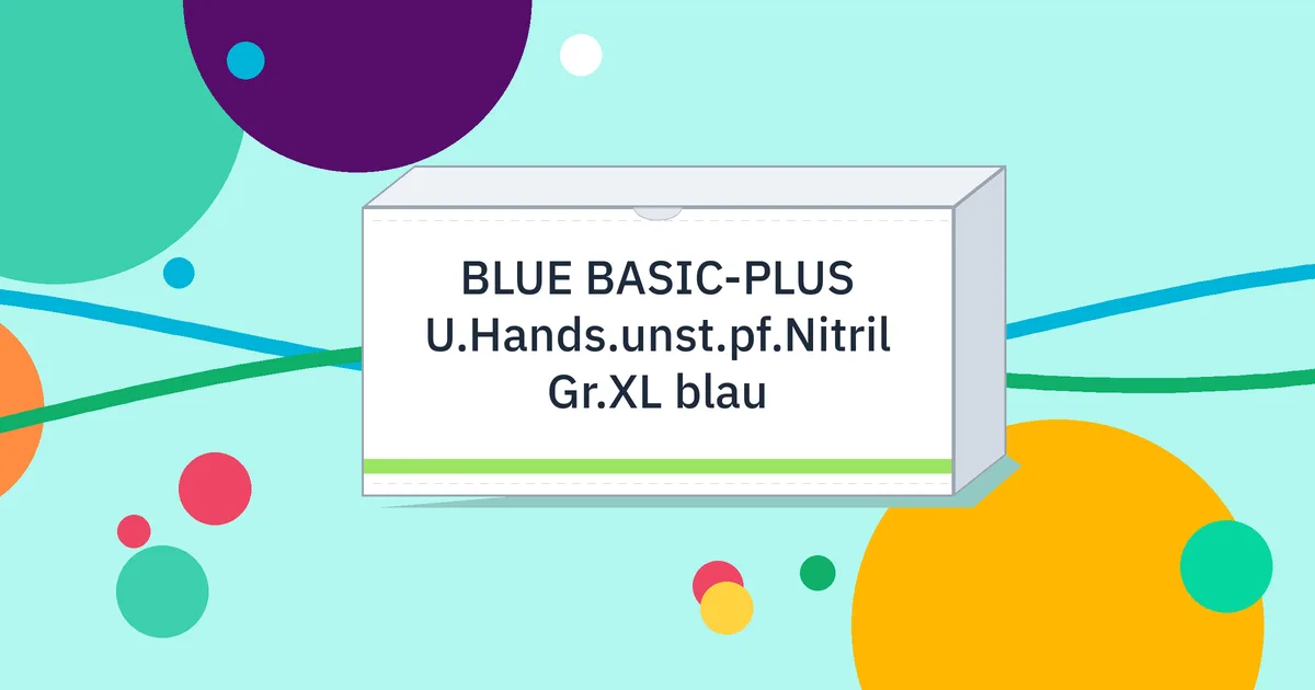 Symbolbild: Packung mit der Aufschrift BLUE BASIC-PLUS U.Hands.unst.pf.Nitril Gr.XL blau (PZN 11237202) – Verfügbarkeit und Bezug in Apotheken in Frankfurt am Main