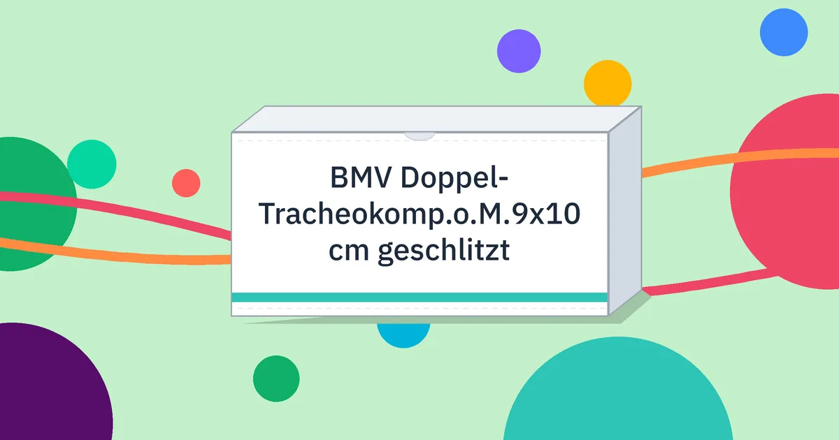 Symbolbild: Packung mit der Aufschrift BMV Doppel-Tracheokomp.o.M.9x10 cm geschlitzt (PZN 10231798) – Verfügbarkeit und Bezug in Apotheken in Frankfurt am Main