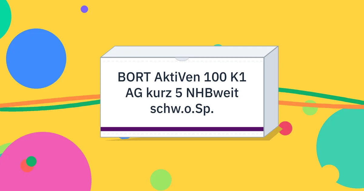 Symbolbild: Packung mit der Aufschrift BORT AktiVen 100 K1 AG kurz 5 NHBweit schw.o.Sp. (PZN 14387818) – Verfügbarkeit und Bezug in Apotheken in Frankfurt am Main