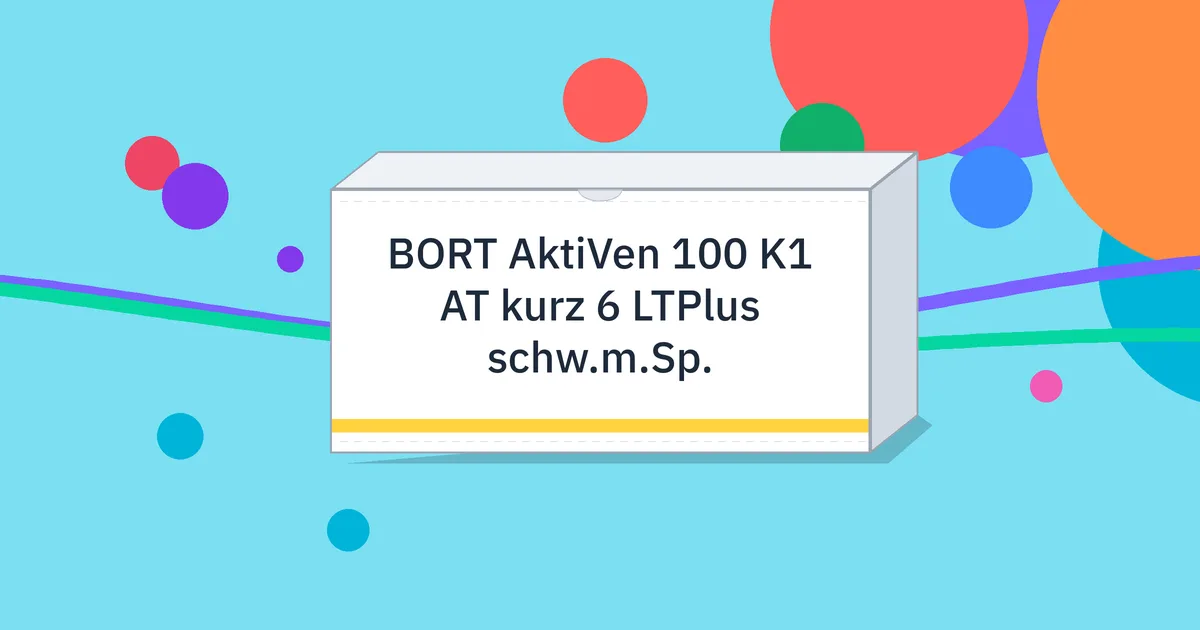 Symbolbild: Packung mit der Aufschrift BORT AktiVen 100 K1 AT kurz 6 LTPlus schw.m.Sp. (PZN 18176024) – Verfügbarkeit und Bezug in Apotheken in Frankfurt am Main