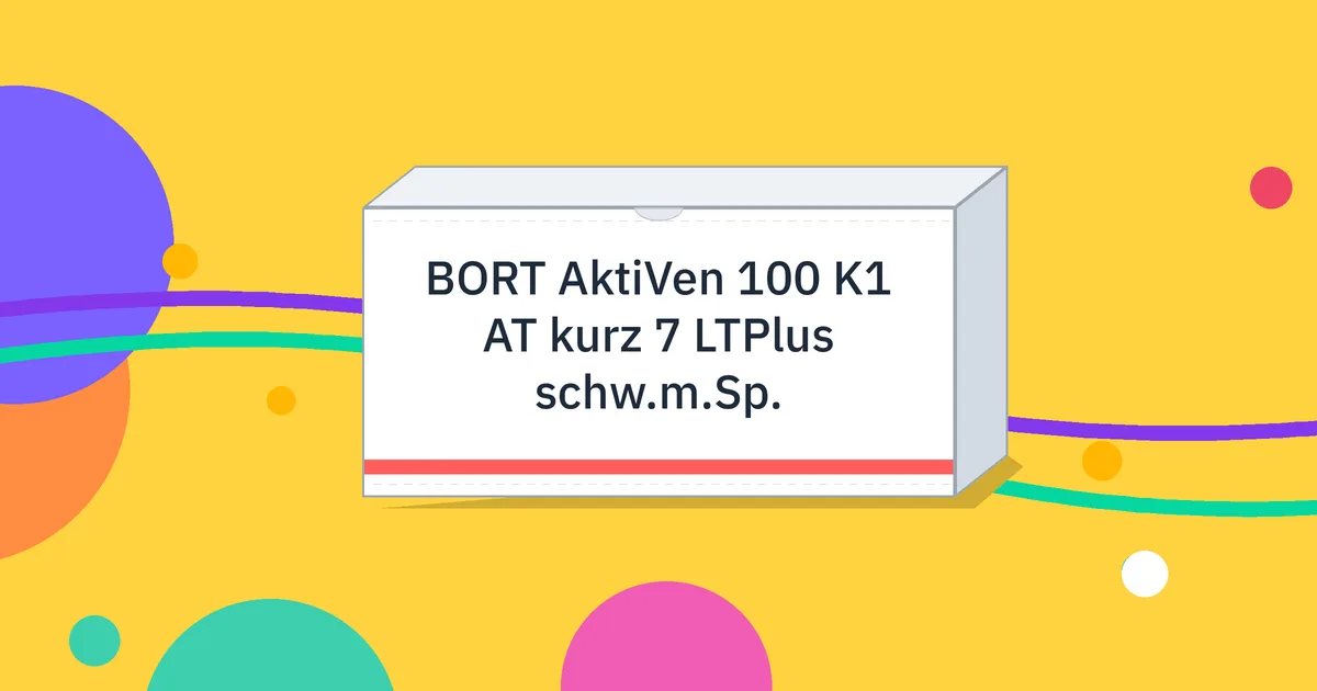 Symbolbild: Packung mit der Aufschrift BORT AktiVen 100 K1 AT kurz 7 LTPlus schw.m.Sp. (PZN 18176030) – Verfügbarkeit und Bezug in Apotheken in Frankfurt am Main