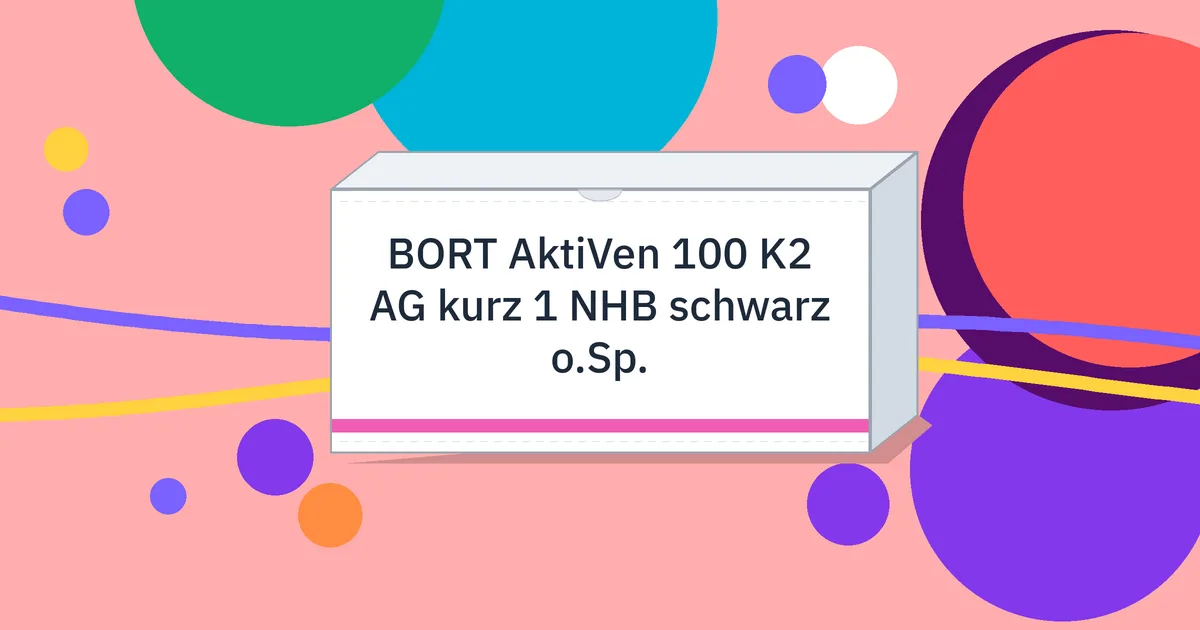 Symbolbild: Packung mit der Aufschrift BORT AktiVen 100 K2 AG kurz 1 NHB schwarz o.Sp. (PZN 14387379) – Verfügbarkeit und Bezug in Apotheken in Frankfurt am Main