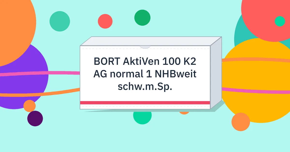 Symbolbild: Packung mit der Aufschrift BORT AktiVen 100 K2 AG normal 1 NHBweit schw.m.Sp. (PZN 14387959) – Verfügbarkeit und Bezug in Apotheken in Frankfurt am Main