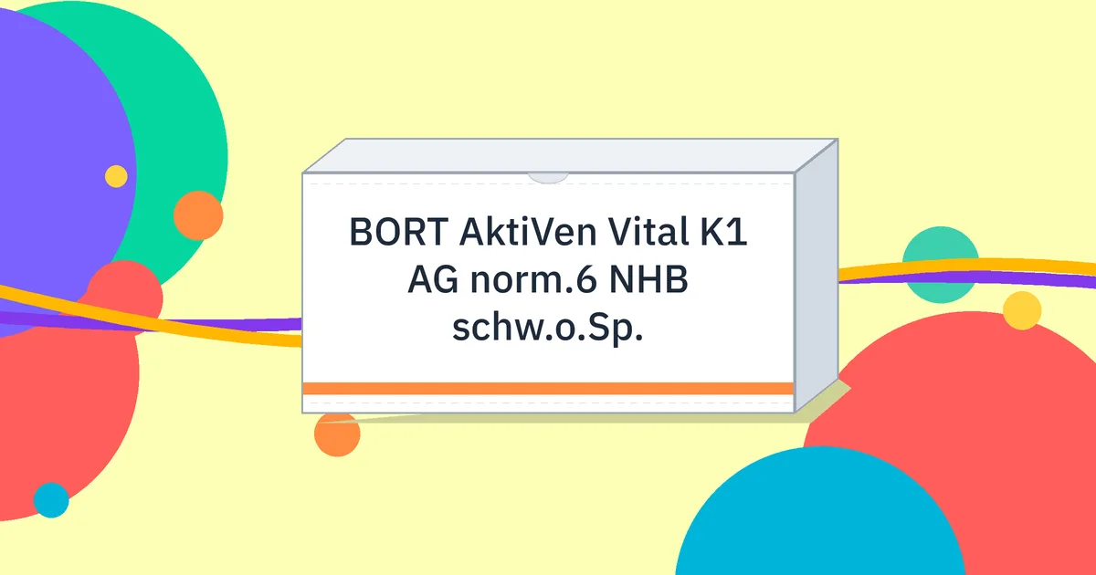 Symbolbild: Packung mit der Aufschrift BORT AktiVen Vital K1 AG norm.6 NHB schw.o.Sp. (PZN 13735565) – Verfügbarkeit und Bezug in Apotheken in Frankfurt am Main