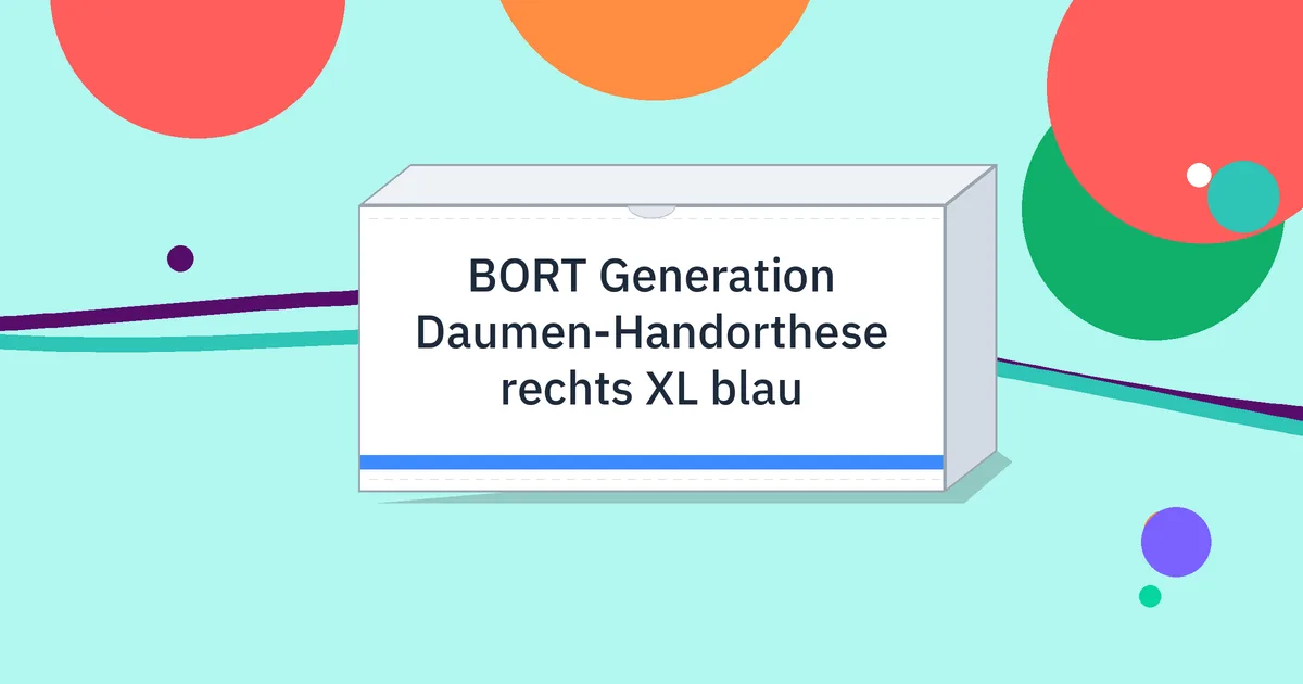 Symbolbild: Packung mit der Aufschrift BORT Generation Daumen-Handorthese rechts XL blau (PZN 13911660) – Verfügbarkeit und Bezug in Apotheken in Frankfurt am Main