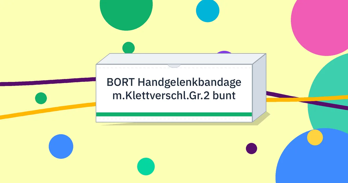 Symbolbild: Packung mit der Aufschrift BORT Handgelenkbandage m.Klettverschl.Gr.2 bunt (PZN 04436852) – Verfügbarkeit und Bezug in Apotheken in Frankfurt am Main