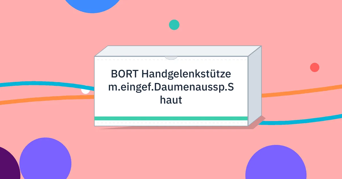 Symbolbild: Packung mit der Aufschrift BORT Handgelenkstütze m.eingef.Daumenaussp.S haut (PZN 03808435) – Verfügbarkeit und Bezug in Apotheken in Frankfurt am Main