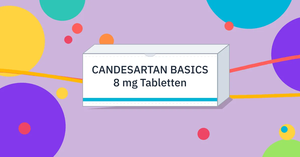 Symbolbild: Packung mit der Aufschrift CANDESARTAN BASICS 8 mg Tabletten (PZN 09482822) – Verfügbarkeit und Bezug in Apotheken in Frankfurt am Main
