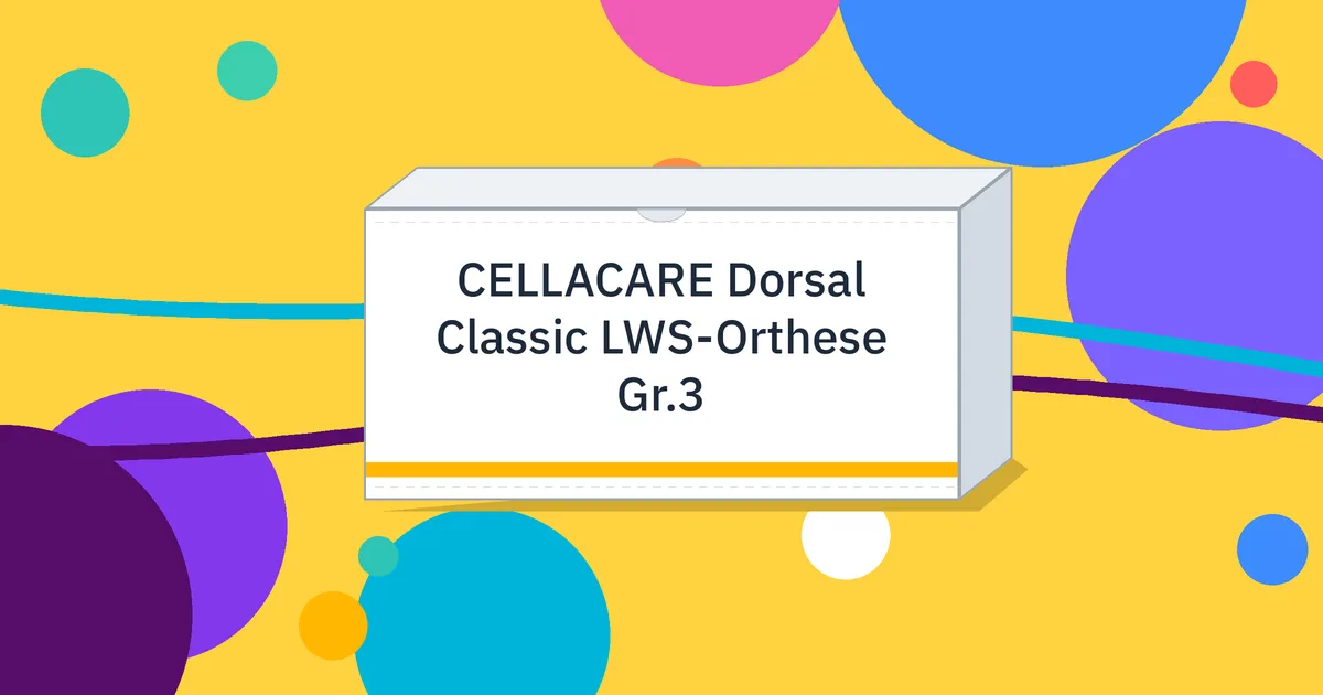 Symbolbild: Packung mit der Aufschrift CELLACARE Dorsal Classic LWS-Orthese Gr.3 (PZN 12647853) – Verfügbarkeit und Bezug in Apotheken in Frankfurt am Main