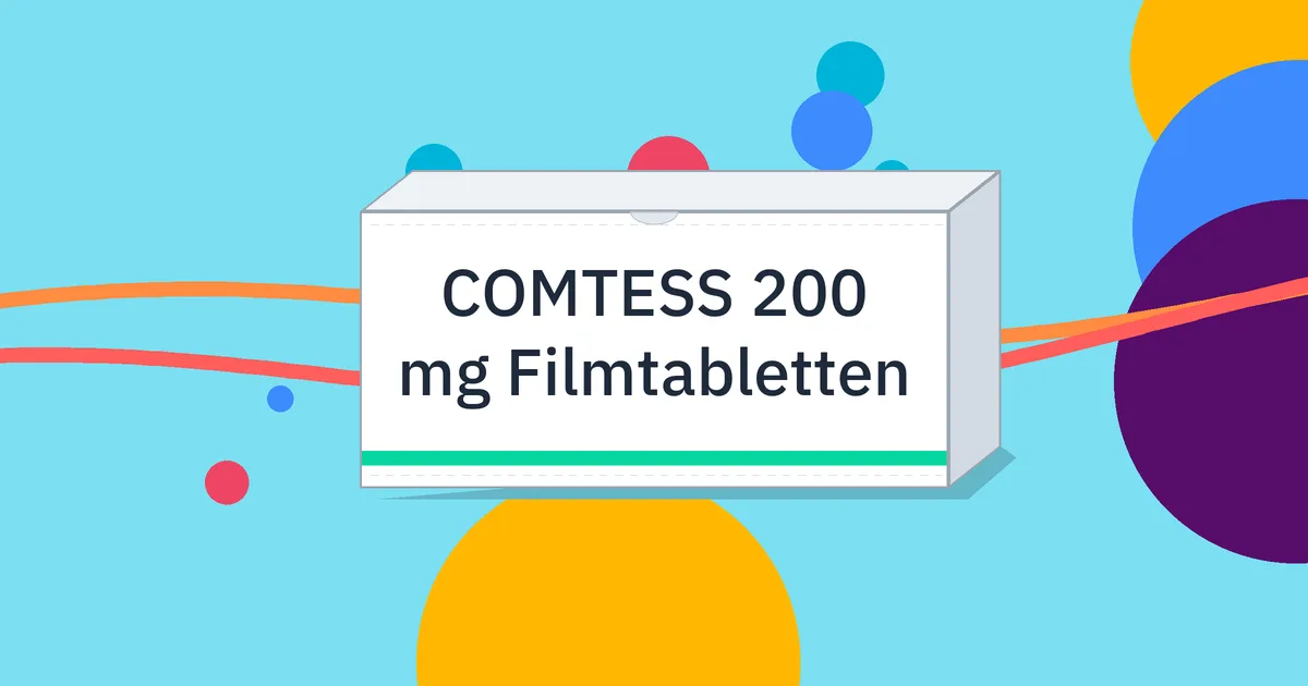 Symbolbild: Packung mit der Aufschrift COMTESS 200 mg Filmtabletten (PZN 01352273) – Verfügbarkeit und Bezug in Apotheken in Frankfurt am Main